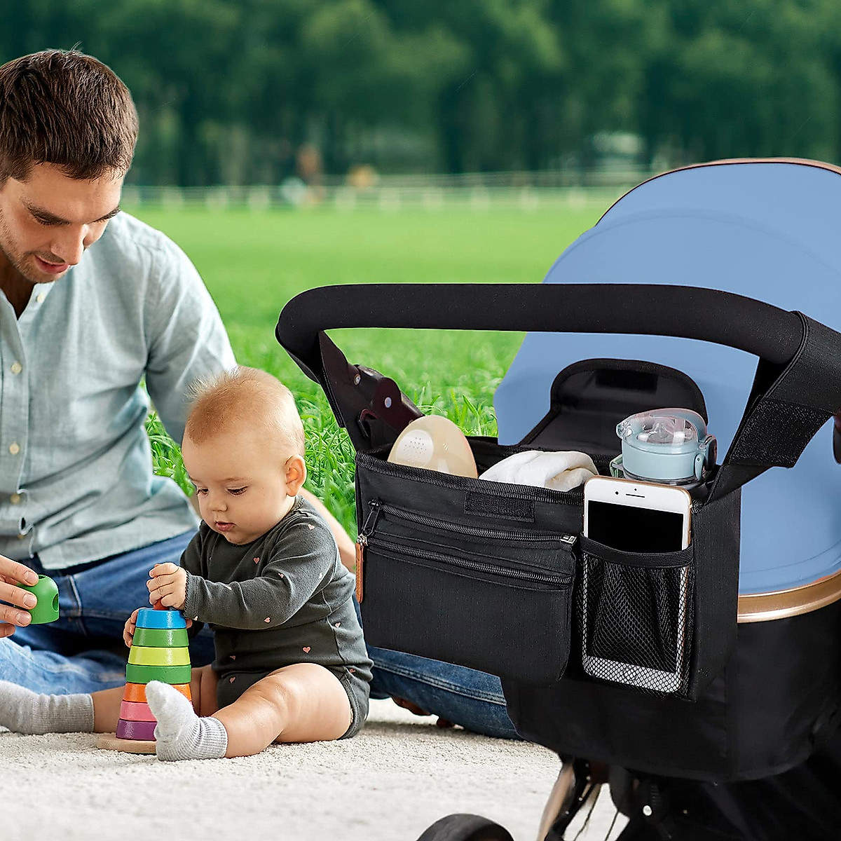 Universal Stroller Organizer with Insulated Cup Holders - Detachable Phone Bag & Adjustable Strap, Stroller Accessories for Carrying Diaper, iPhone, Toys & Snacks, Fits All Baby Stroller Models.
