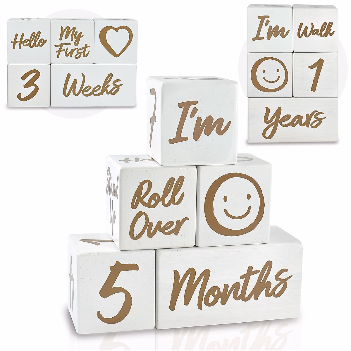I'm Solid Wood Weekly Monthly Yearly Baby Milestone Age Blocks, Gender Neutral, Newborn Gifts & Keepsakes for Picture Props (5 Pcs/White)