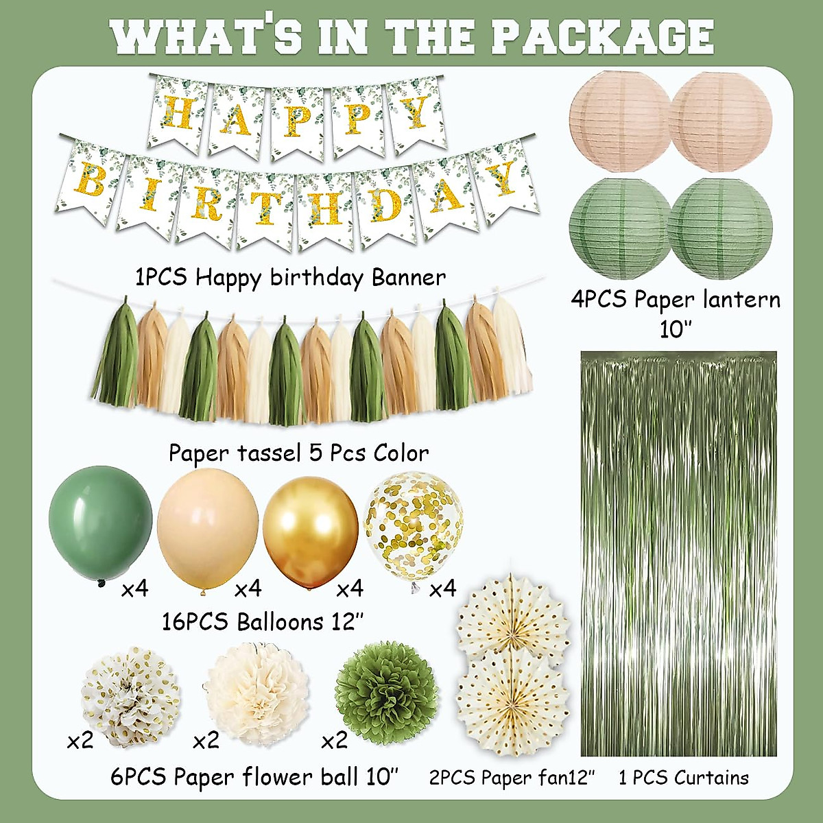 Sage Green Birthday Party Decorations with Happy Birthday Banner Olive Green Gold Balloons Fringe Curtain for Girls Women Baby Shower Birthday Decor