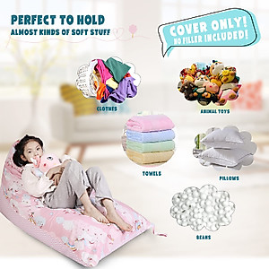 LOLOMLO Stuffed Animal Storage Bean Bag Chair Cover, Cotton Pink Unicorn Plush Toy Storage Stuff and Sit Seat for Kids/Teens/Adults, 52" x 31" Extra Large Triangle Floor Sofa, 200L/52Gal, Cover Only