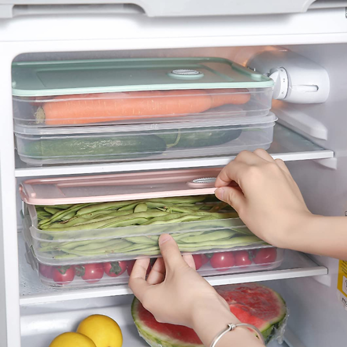 apofly 3PCS Fridge Food Holder Dumpling Storage Box Case Food Organizer Tray Container Single Layer Stackable with Lid Plastic Green