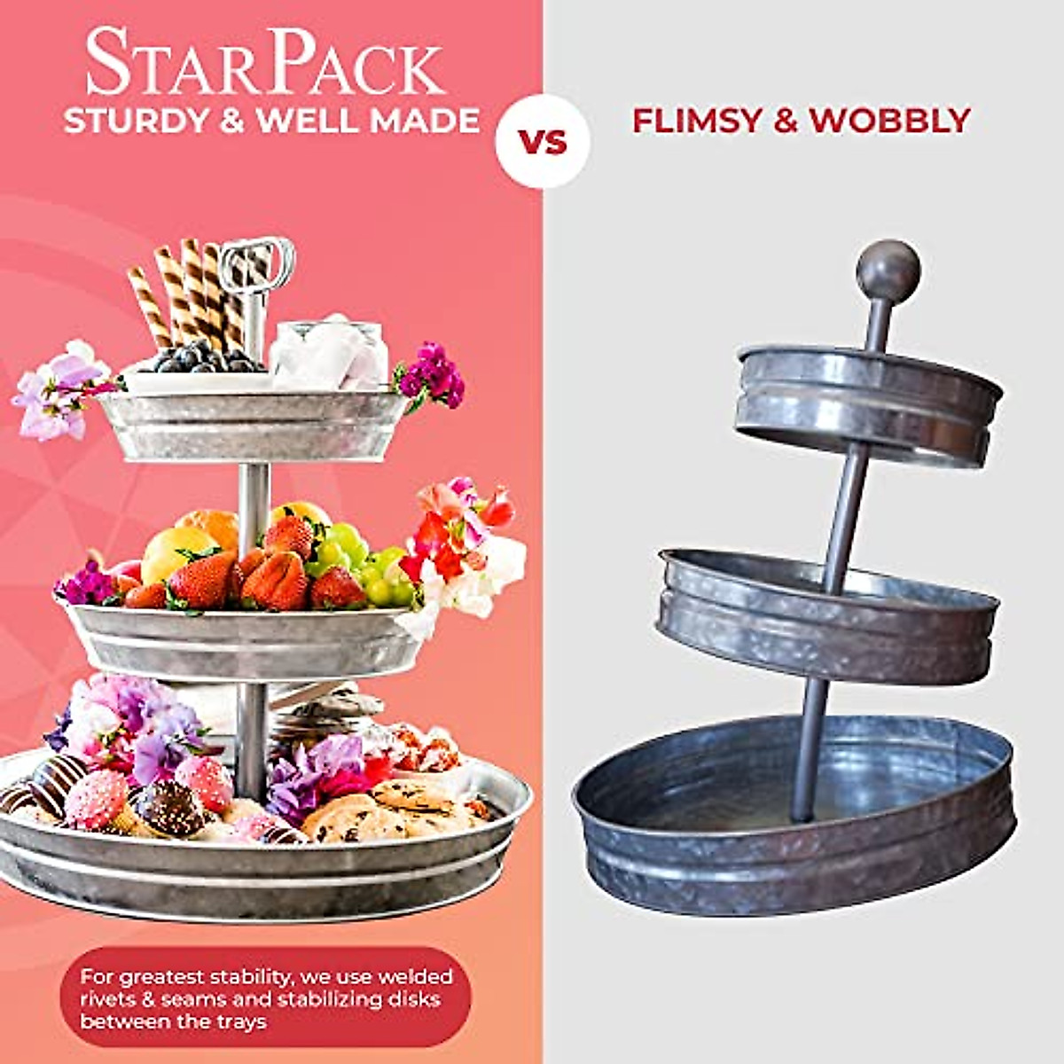 StarPack Farmhouse Style Three Tier Serving Tray - Rustic Kitchen 3 Tiered Tray with 3 Tier Metal Stand - Three Tiered Tray for Deserts & Party Bites - Sturdy & Stylish 3 Tier Serving Stand