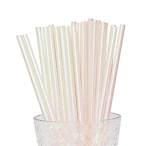 YAOSHENG Premium Disposable Drinking Paper Straws, Pack 100 White Iridescent Paper straws for Cocktail Party Supplies,Birthday,Bridal/Baby Shower,Juice,Shakes (White)