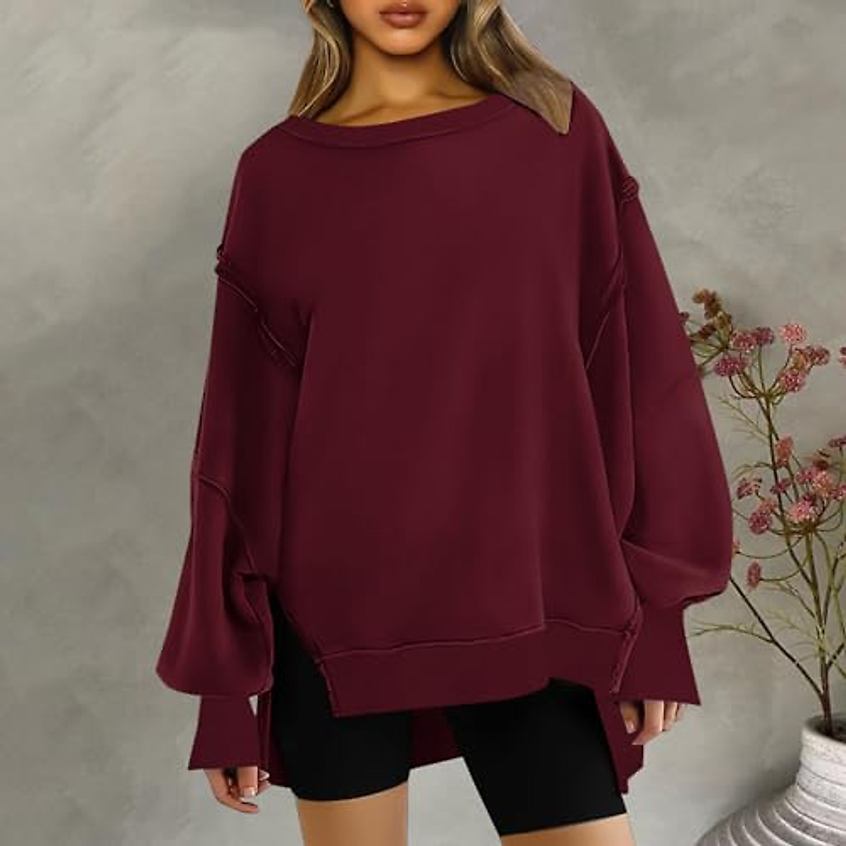Ceboyel Women Oversized Sweatshirts Loose Fit Corded Sweatshirt Hoodie Crewneck Tunic Pullover Trendy Fall Clothes 2023 Today'S Deals Wine Xl