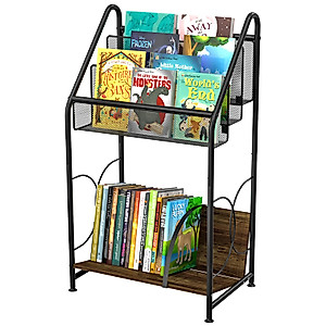 VyGrow Bookshelf, 4-Tier Metal & Wood Rolling Book Cart on Wheels, Record Cabinet for Book Magazine Turntable, Record Holder Up to 100 Albums, Multifunction Utility Cart, Black