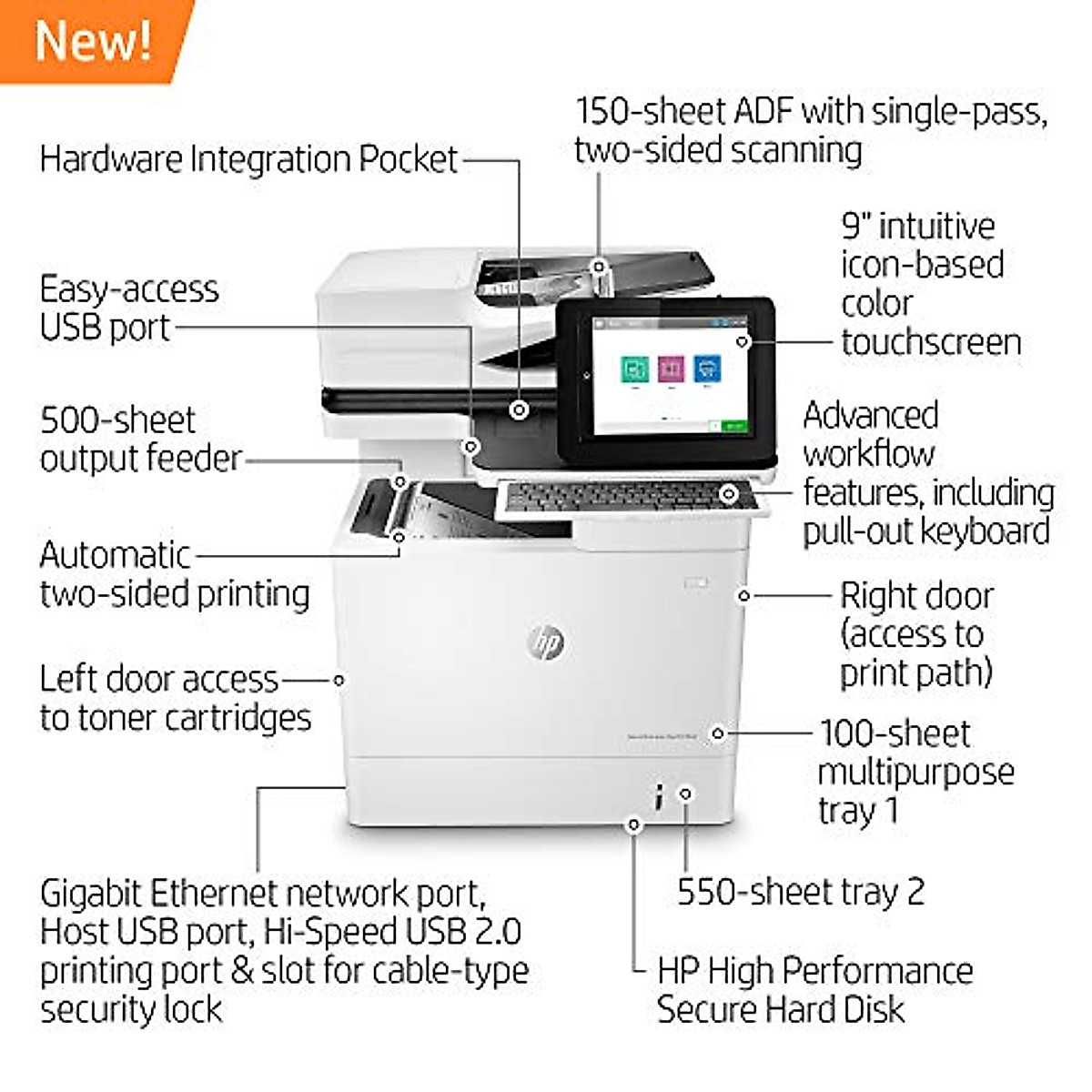 HP LaserJet Enterprise Flow MFP M634h Monochrome All-in-One Printer with built-in Ethernet & 2-sided printing (7PS95A)