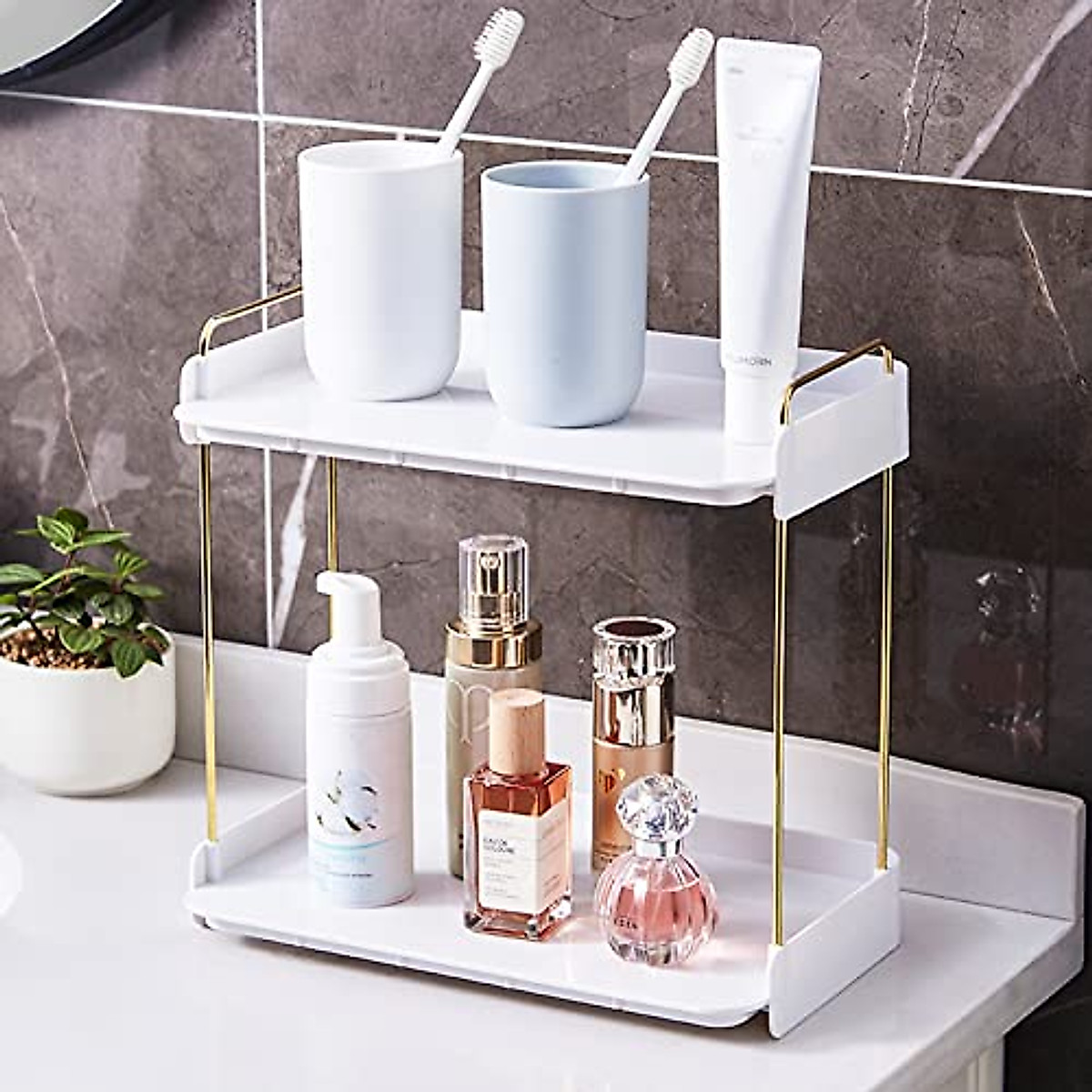 Bathroom Counter Organizer, Perfume Organizer, Kitchen Countertop Storage Tray, Makeup Organizer for Vanity, Spice Rack (2 Tier White Gold)