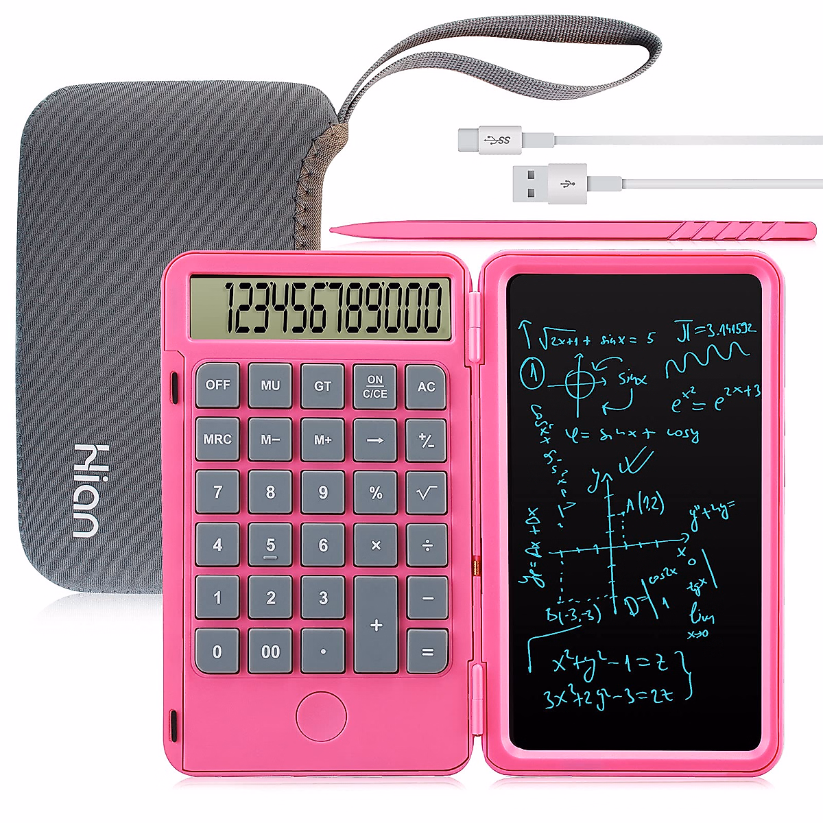 Hion Calculator,12-Digit Large Display Office Desk Calcultors with Erasable Writing Table,Rechargeable Hand held Multi-Function Mute Pocket Desktop Calculator for Basic Financial Home School (Pink)