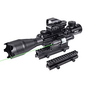 PINTY Rifle Scope Red Dot Laser Combo — 4in1 Gun Set with 4-16x50 Illuminated Hunting Scope, Green/Red Dot, Green Laser Sight, Pic Riser — Tactical Scope and Laser for Shooting Airsoft More, Black