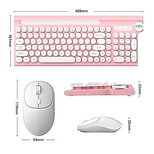Typewriter Style Wireless Keyboard and Mouse Combo, Cute Pink Wireless Keyboard Mute Keyboard 2.4G with Retro Round Keycap Ergonomic Design and Waterproof Keyboard Mouse Combo, White & Pink
