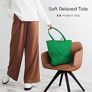 TAKEASY Italian Genuine Leather Tote Bag for Women with Zipper Large Tall Soft Unlined Handbag Purse for Shopping Work Travel (Green)
