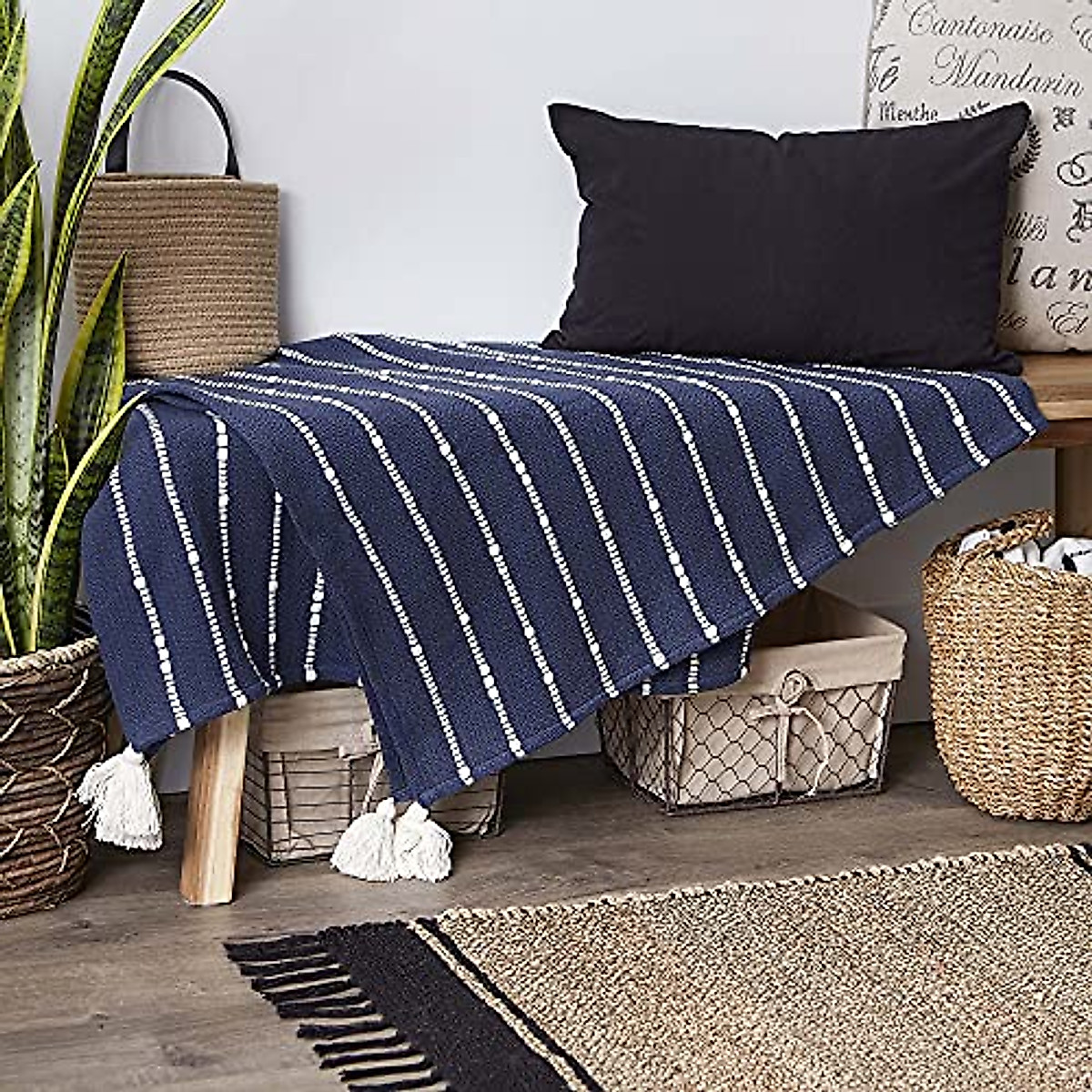 DII Striped Throw Collection Cotton Slub, Hand-Tied Tassels, 50x60, French Blue & Off-White