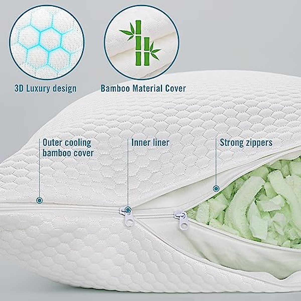 Nctoberows Bed Pillows for Sleeping, Shredded Memory Foam Pillows Standard Size Set of 2 Pack Adjustable Cooling Pillows for Side and Back Sleeper with Washable Removable Cover.