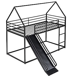Tidyard Twin Over Twin House Bunk Bed with Ladder and Slide,Black for Bedroom Dorm Guest Room Home Furniture