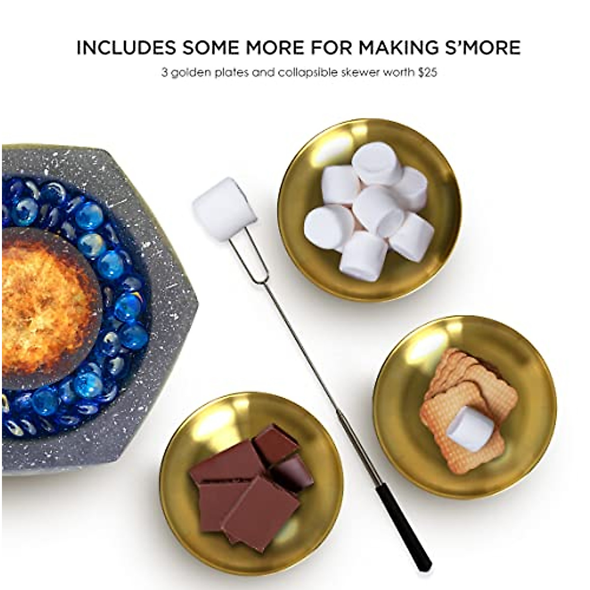 Tabletop Fire Pit Table Top Firepit Indoor Fire Pit Tabletop Fireplace with Collapsible Skewer 3 Golden Plates Portable to Outdoor Patio Balcony to Roast Smores Rubbing Alcohol Fuel 11" Large Bowl