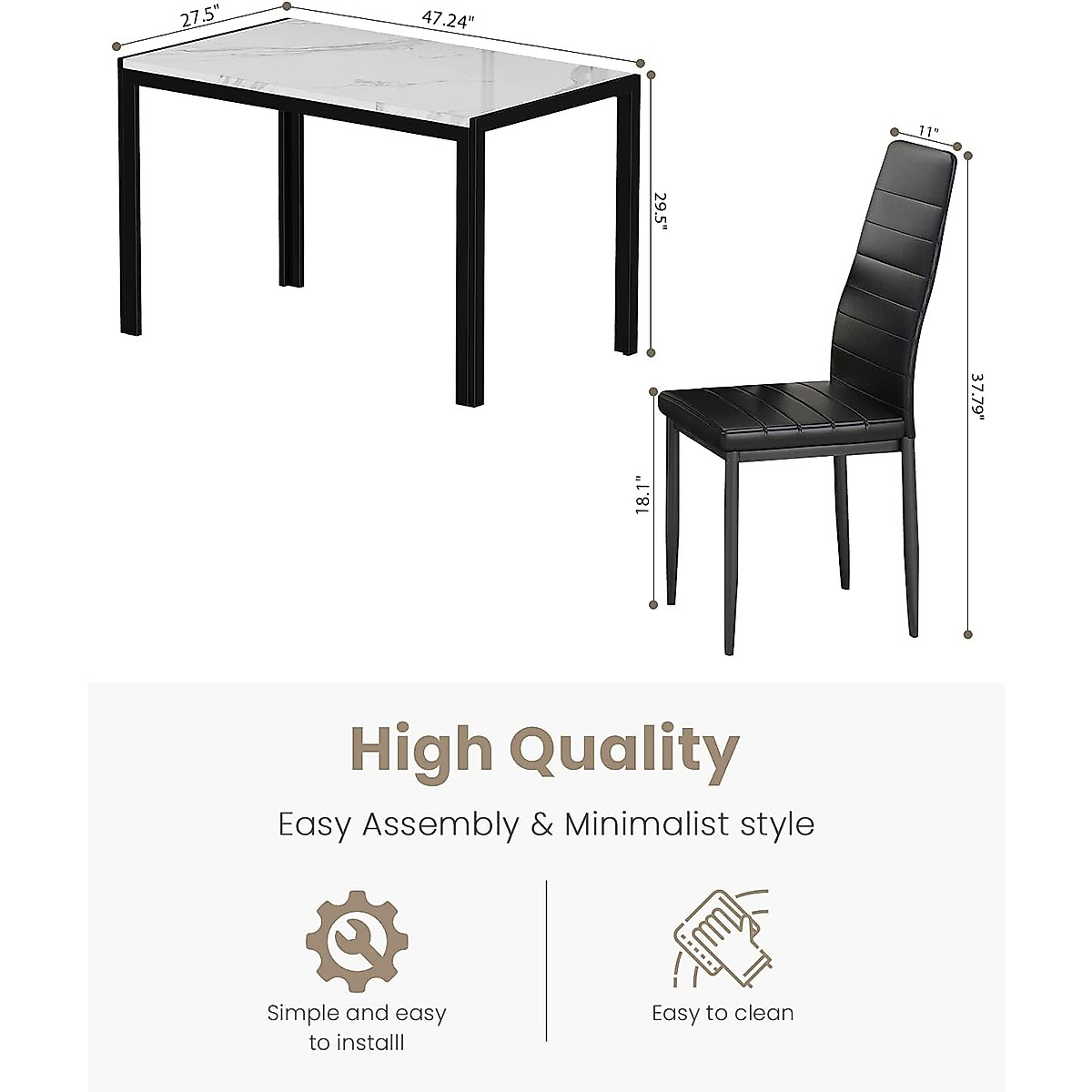 DKLGG Dining Table Set for 4, Kitchen Table and Chairs Set of 4 Faux Marble Dining Room Table Set, Small Kitchen Table with 4 PU Leather Upholstered Chairs, 5 Piece Dining Table Set, White