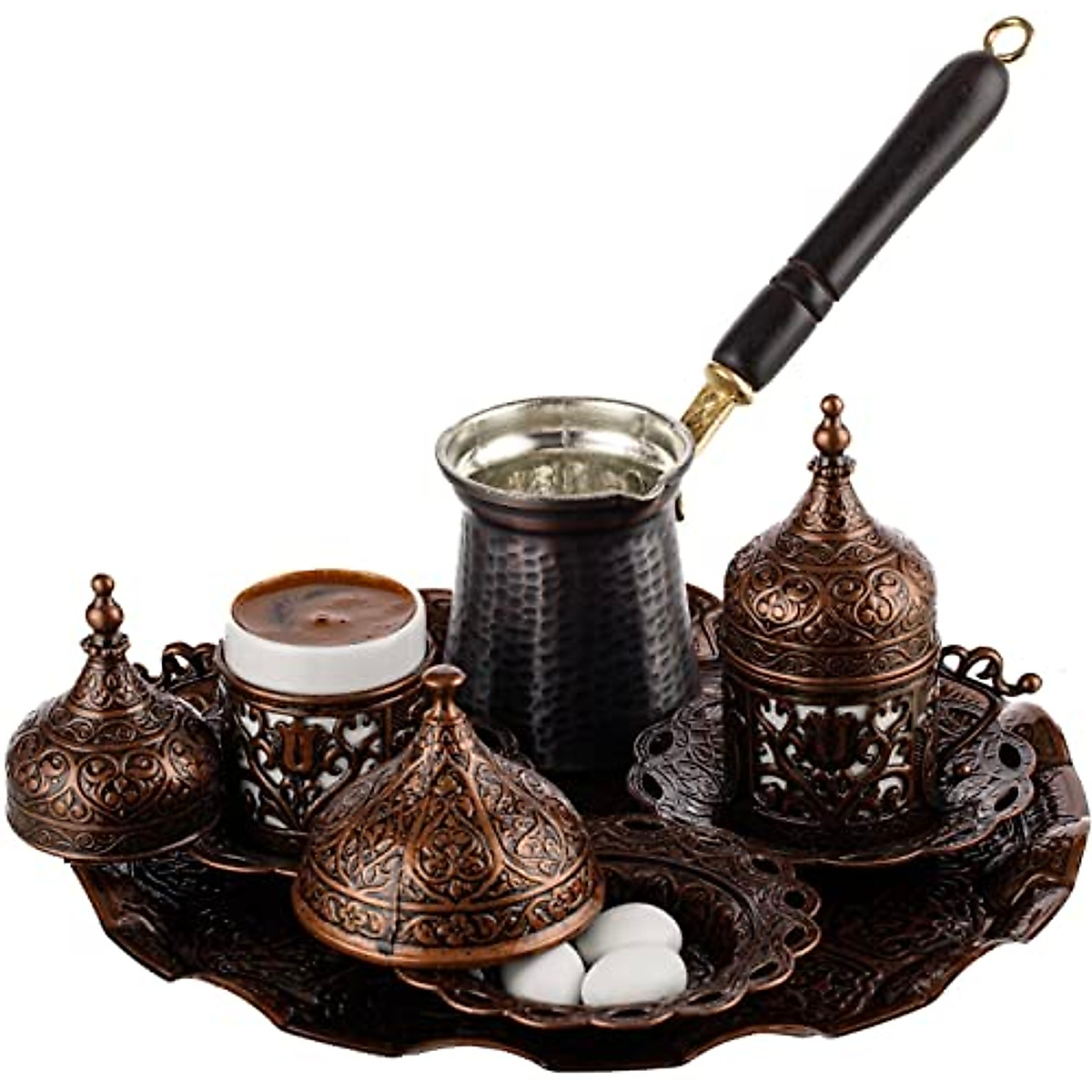 DEMMEX 2023 Turkish Greek Arabic Coffee Full Set with Cups Saucers Lids Sugar Bowl Tray and Copper Coffee Pot, 12 Pcs