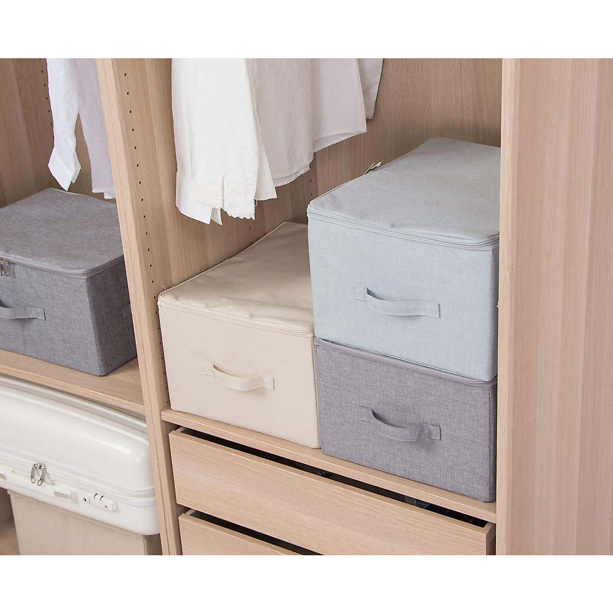 iwill CREATE PRO Collapsible Rigid Storage Bins with Lid, Shelves Clothes Storage Cubes, Tide Up Your Wardrobe, Beige, Set of 2