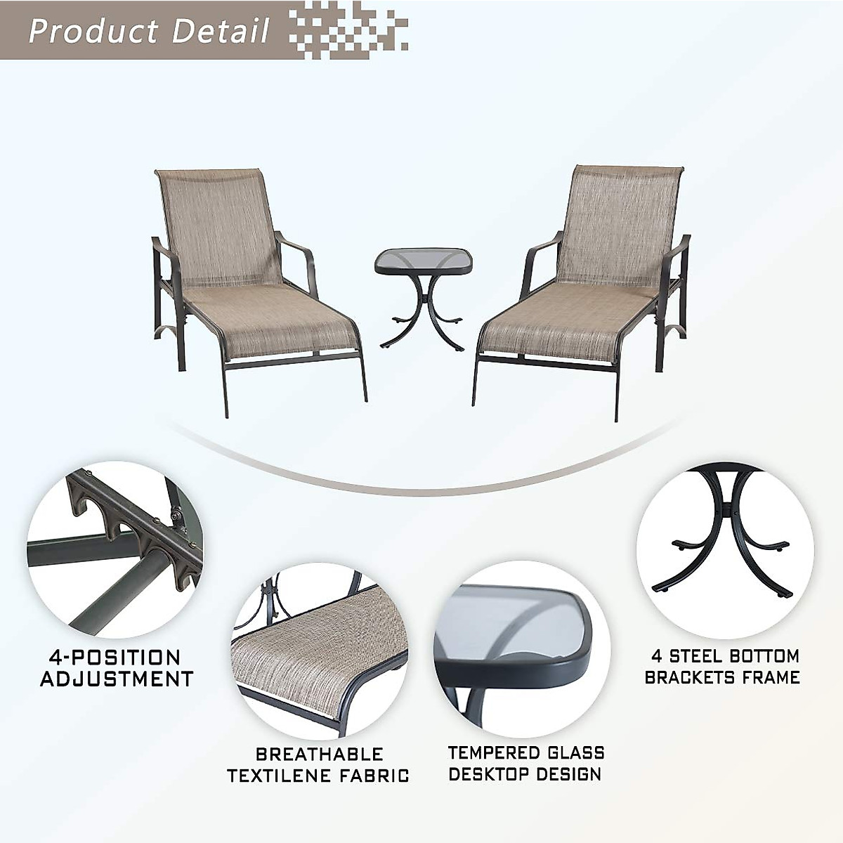 Sports Festival 3 Pcs Chaise Lounge Set of 2 Patio Chairs with Adjustable Backrest in 4 Reclining Levels and 1 Metal Bistro Table with Tempered Glass Top Outdoor Furniture for Poolside