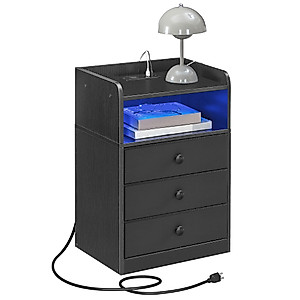 CHOEZON Nightstand with Charging Station and LED Light, Side Table with 3 Fabric Drawers Chest, End Table with USB Ports and Outlet, Bedside Table for Living Room, Bedroom, Black MBZ04UDBB