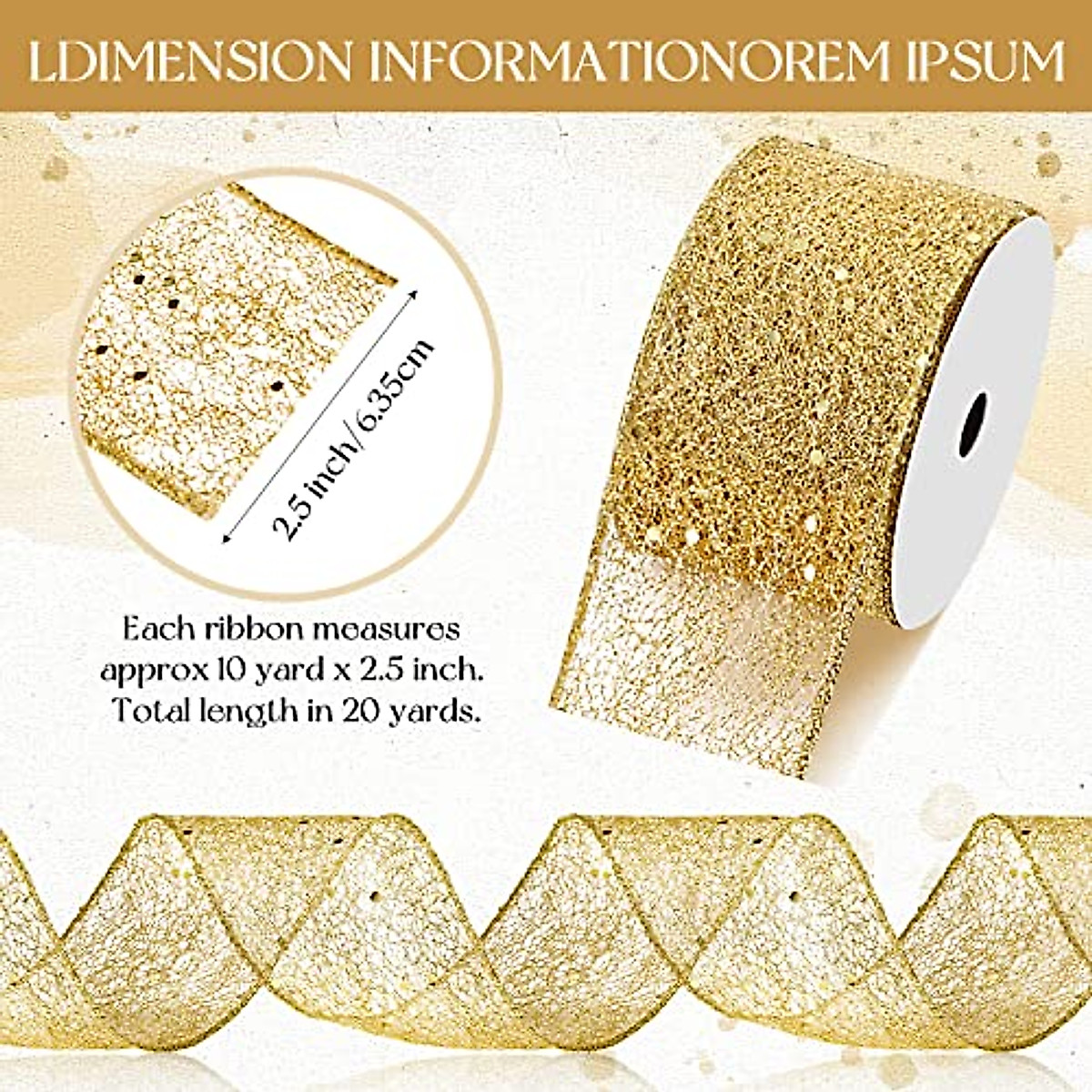 2 Rolls 20 Yards Metallic Wired Ribbons Glitter Ribbon Rose Gold Ribbon for Crafts Valentine Floral Bow Making DIY Gift Wrapping Wedding Party Home Decor (Gold, 2.5 Inch)