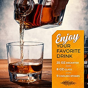 Whiskey Decanter Set for Men with 4 Drinking Glasses and 9 Whisky Stones – Christmas Gift 2023 – (Old Fashion Glass 25 oz. and Modern Glass 25 oz.)