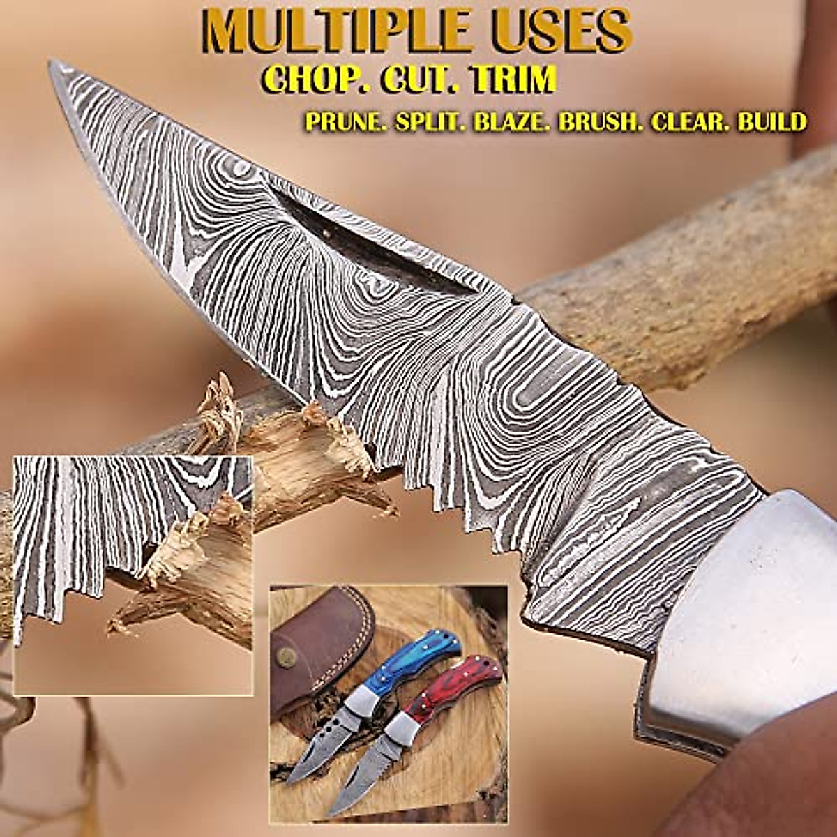 Handmade Damascus pocket knife for men with leather sheath | 2 Pcs Tactical Folding Pocket knife Set with Back Lock | Best Edc Bushcraft knifes for Fishing, Camping, Hiking | Damascus steel Blade Foldable hunting Belt knife with Horizontal Carry sheath |
