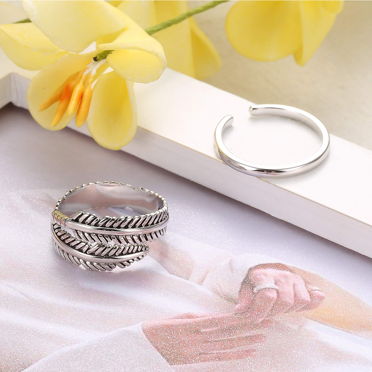JOERICA 925 Sterling Silver Rings for Women Adjustable Feather Ring Statement Leaf Ring Open Stackable Plain Wedding Band Ring
