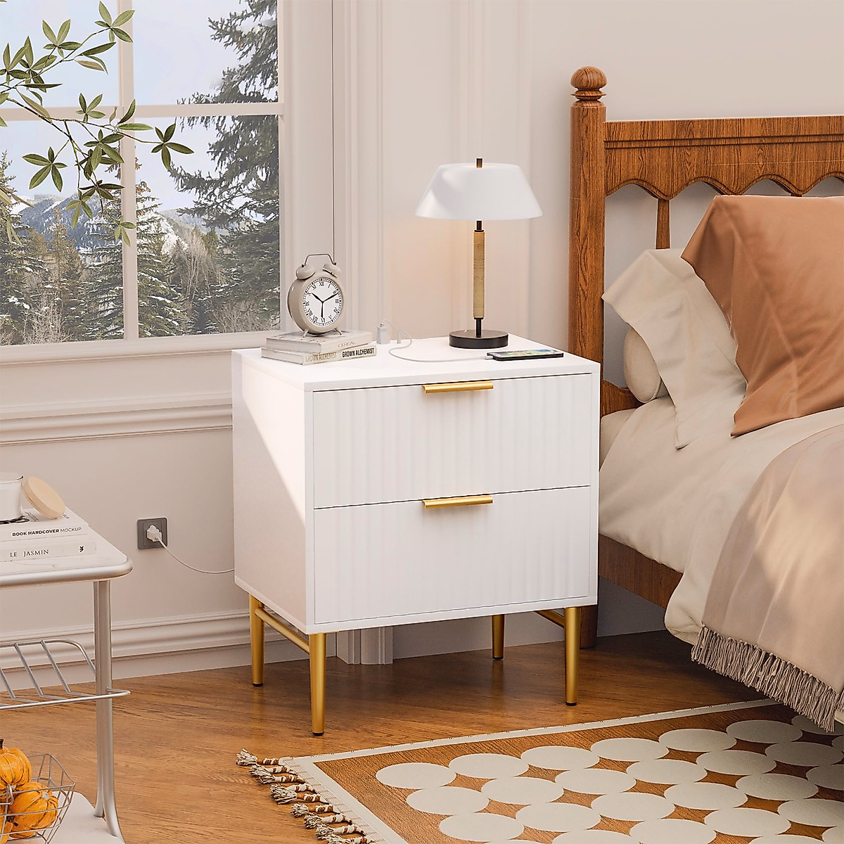 HQZX White Nightstand Set of 2 with Charging Station, Fluted Nightstand with Drawers, Modern Bedside Table with Gold Legs, End Table for Bedroom