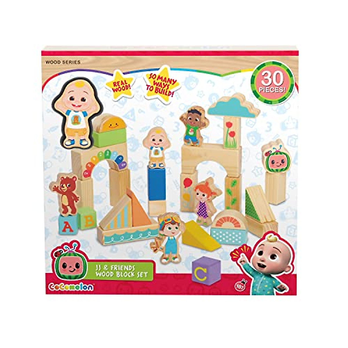 CoComelon JJ & Friends Wood Block Set, 30-Pieces, Recycled Wood, Officially Licensed Kids Toys for Ages 18 Month, Gifts and Presents by Just Play