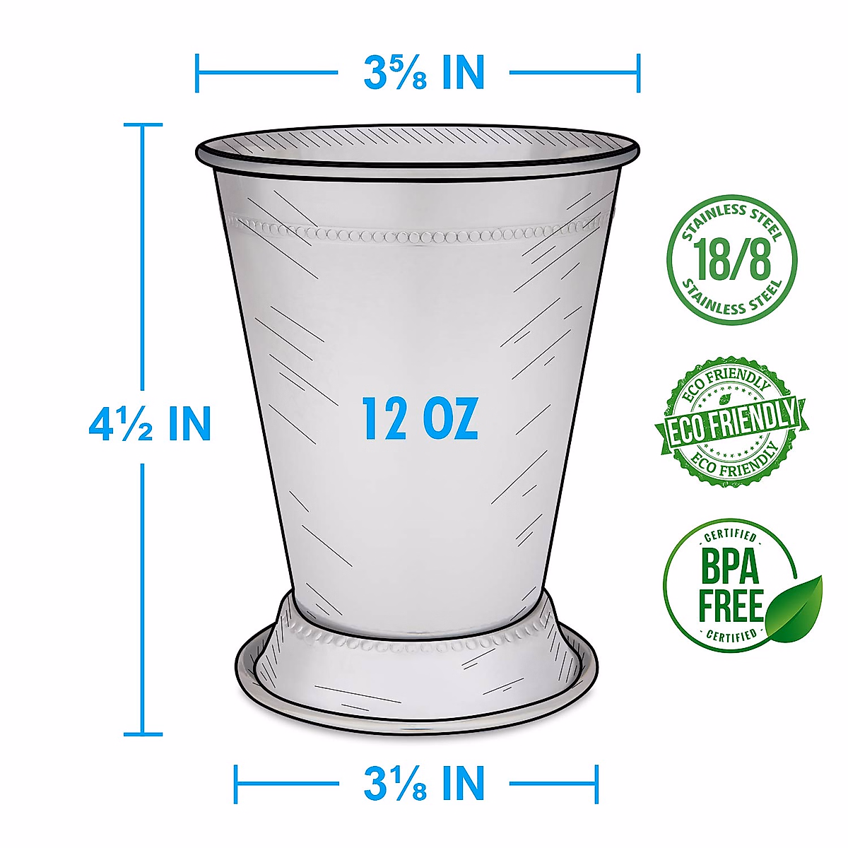 Mint Julep Cups: Stainless Steel Glasses, Set of 4, Metal 12 oz Cocktail Glasses, Party Supplies (4)