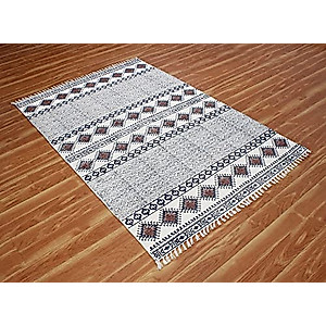 Casavani Indian Handmade Cotton Dhurrie Geometric Brown & Gray Area Rug Boho Kilim Flat Weave Rug Indoor Hall Room Decor Carpet Throw Rugs for Bedroom Living Room Bathroom Balcony 5x8 Feet