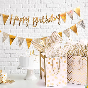 Dimetey 12pcs 9" Gift Bags, Medium Size Paper Bags with Tissue Paper, White Gold Wrap Paper Gift Bags with Handles for Shopping Party Wedding Baby Shower Holiday Presents (Gold)