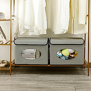 Furnhome Large Fabric Storage Bin with Lids, Foldable Storage Bins for Clothes with Clear Window-Stackable Clothes Storage Bins with Label for Closet Shelves Nursery Bedroom.(Cyan, 2 Pack)