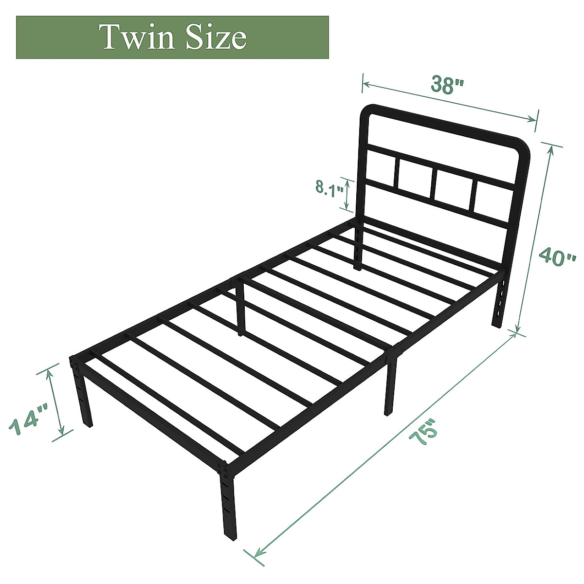 Maenizi Twin Bed Frames with Headboard, 14 Inch Twin Bed Frames No Box Spring Needed Support Up to 2500 lbs, Noise Free, Easy Assembely, Black