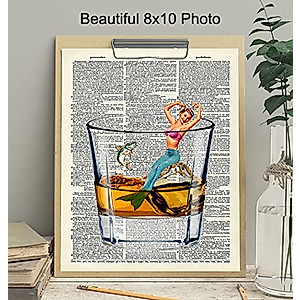 Bar Man Cave Mermaid Decor - Scotch Whiskey Wall Art - Fish Wall Decor for Men, Guys - Funny Alcohol Drinking Decor - 8x10 Dictionary Art Picture Poster - Home Office Decor