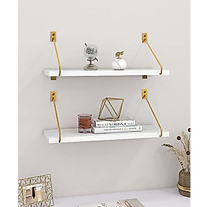 Gronda White Floating Shelves Set of 2, Modern Floating Shelves Wall Mounted with Gold Bracket Wall Shelves for Living Room Bathroom Bedroom Kitchen Office
