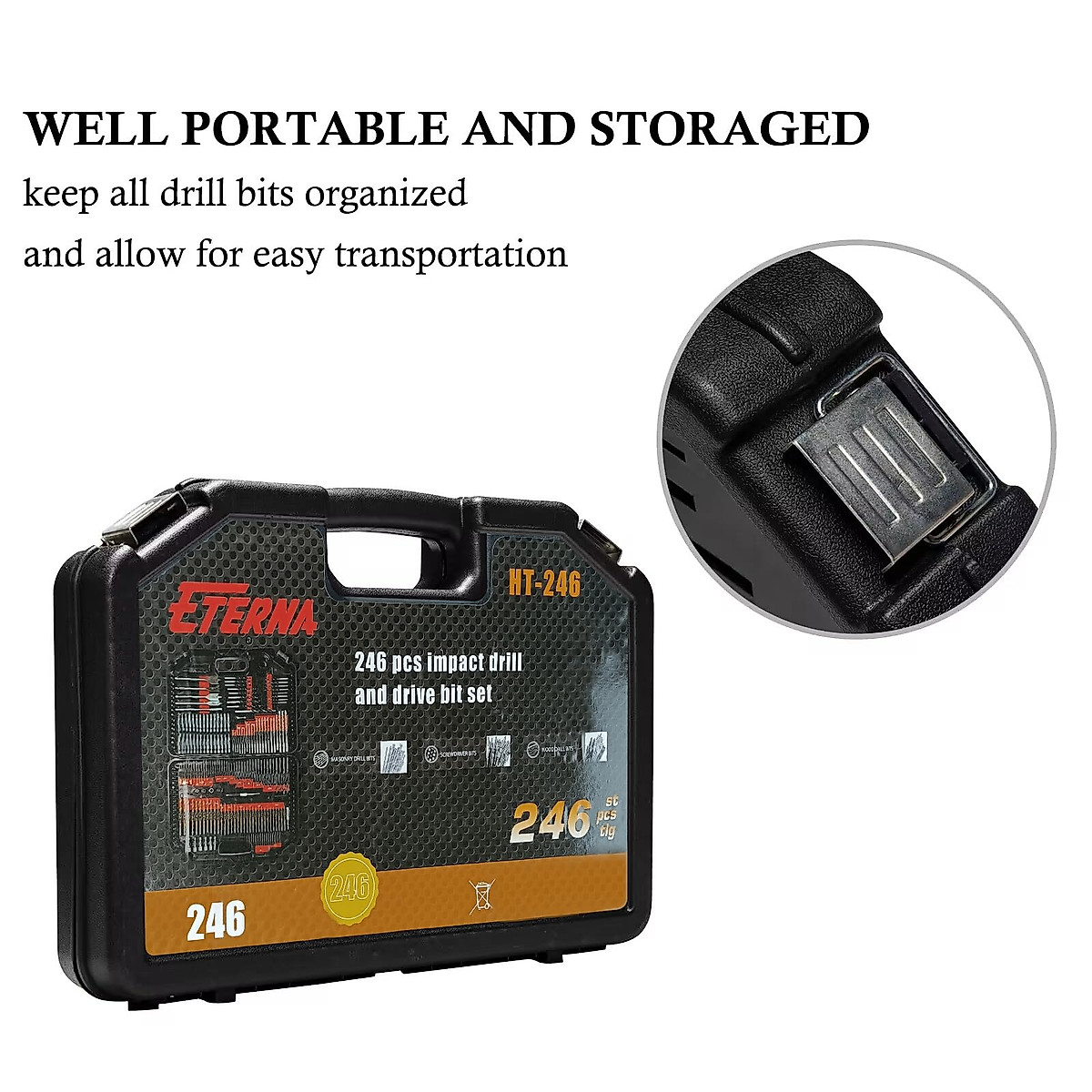 ETERNA Drill Bit Set, 246 PCS Titanium HSS Drill Bit Kit Screwdriver Bit Kit, with Carry Case for Metal, Masonry, Wood, Plastics Cement Drilling