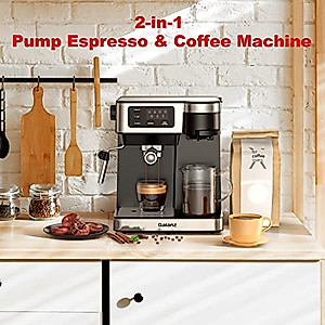 Galanz 2-in-1 Pump Espresso Machine & Single Serve Coffee Maker with Milk Frother, Latte, & Cappuccino Machine, 1.2L Removable Water Tank, LED Display Touch Control, Black with Stainless Steel Trim