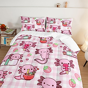 HOSIMA Axolotl Comforter Set Twin Size for Kids Girls,Pink Cartoon Axolotl Eat Dessert Printing Bedding Set Twin Size for Princess Bedroom Decor with Two Pillowcases.