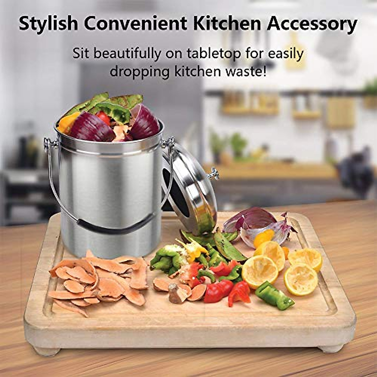 Compost Bin Countertop, Composter Bucket with Lid Abakoo 1.6 Gallon Stainless Steel Kitchen Waste Pail Plus 4pcs Bonus Charcoal Filters Clean & Odor Free