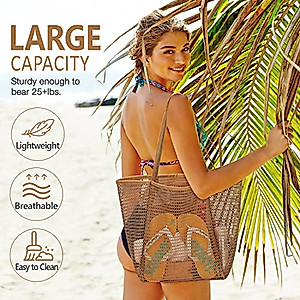 hatisan Beach Bag Mesh Tote Bag,Upgrade Beach Tote with Phone Pouch Women Mesh Bag Shoulder Bag for Beach Travel Vacation (Kakhi)