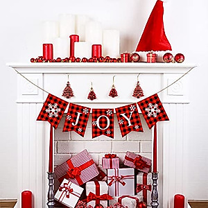 Plaid Christmas Joy Banner Cotton Burlap Christmas Rustic Bunting Banner for Christmas Hanging Decorations (Red)