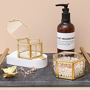 BEAUTY ONE HOME Small Glass Jewelry Box Golden Geometric Decorative Box Ring Earring Display Hexagon Keepsake Box for Wedding Birthday Gift