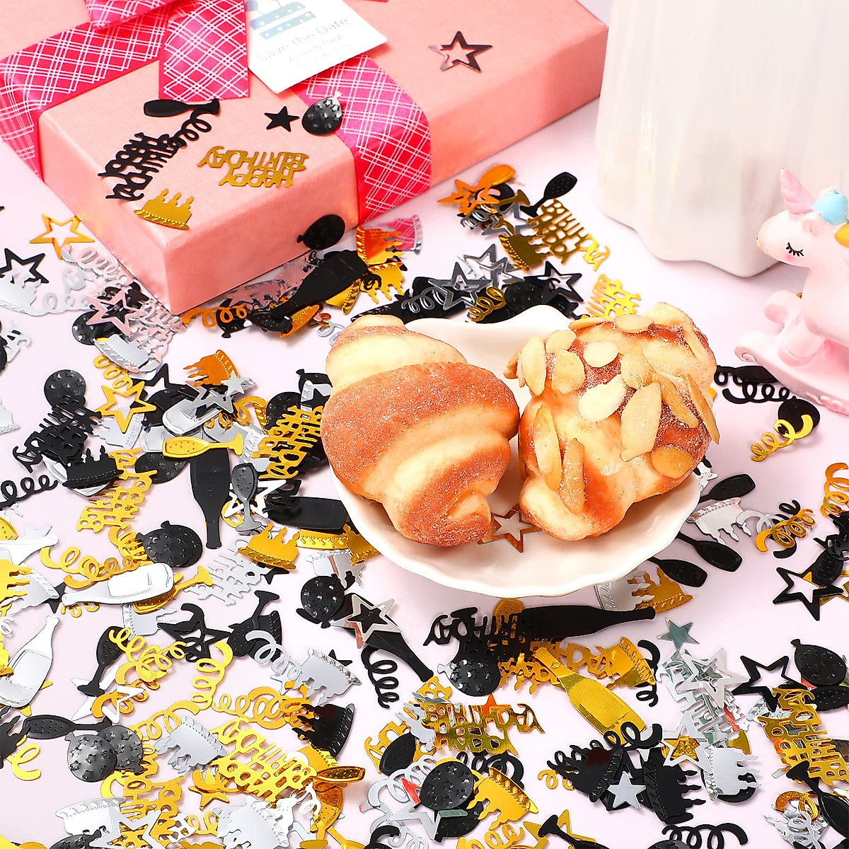 3000 PCS Black Gold Silver Happy Birthday Confetti Metallic Foil Stars Birthday Cake Balloon Confetti Table Scatter Confetti Decoration for Birthday Party Anniversary Baby Shower DIY Arts and Crafting