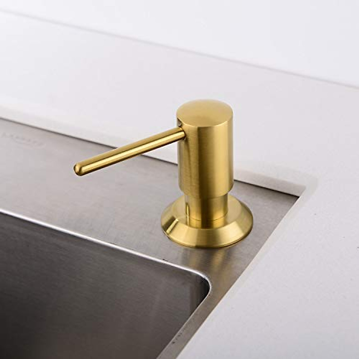 KMEINO Gold Soap Dispenser, Built in Undermount Soap Dispenser Brass Commercial, Brushed Gold Metal Pump Head Liquid Lotion Kitchen Countertop Soap Dispenser with 500ml PP Bottle