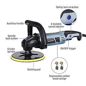 WORKPRO Buffer Polisher - 7-inch Car Buffer Waxer with 4 Buffing and Polishing Pads, 6 Variable Speed 1000-3800 RPM, Detachable Handle, Ideal for Car Detailing, Sanding, Polishing, Waxing