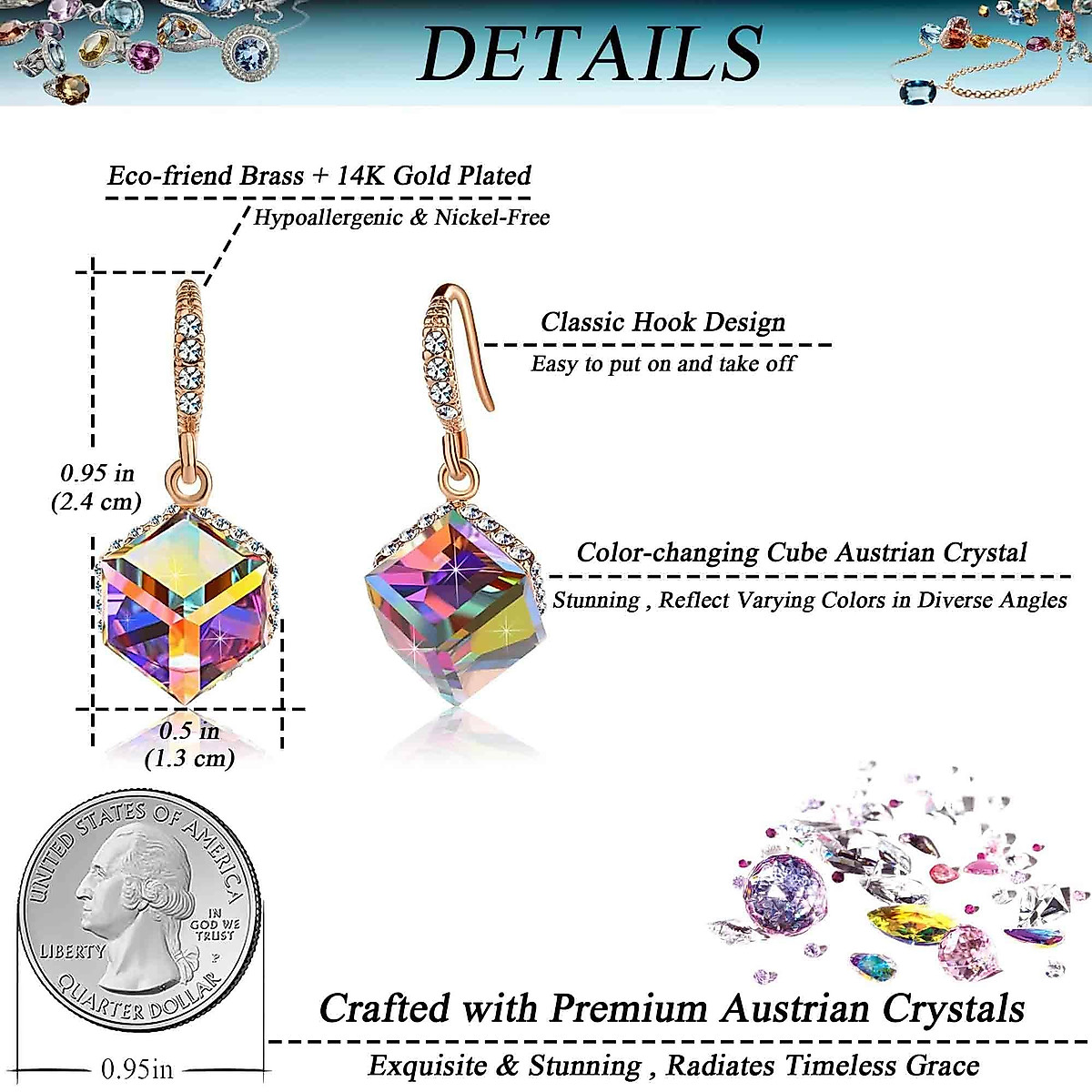 Austrian Crystal Cube Drop Dangle Earrings for Women 14K Gold Plated Hypoallergenic Jewelry (Rainbow/Rose Gold-tone)