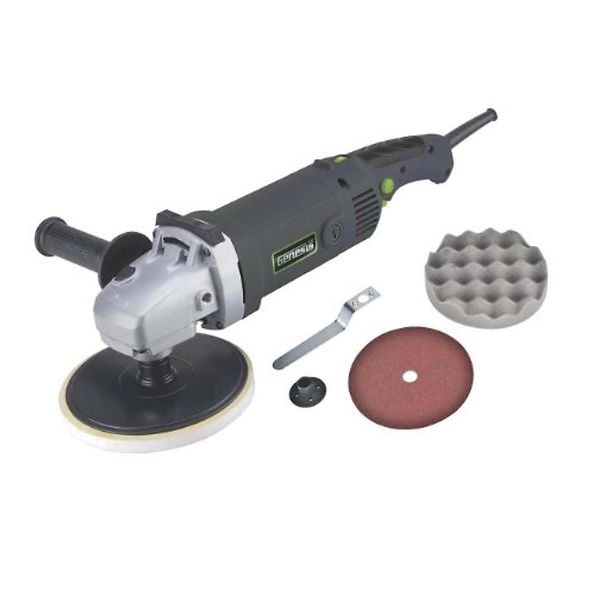 Genesis GSP1711 11 Amp 7" Variable Speed Sander/Polisher with Foam Polishing Pad, Hook and Loop Backer Pad, Sanding Disc, Rubber Backing Pad and Dual-Position Assist Handle