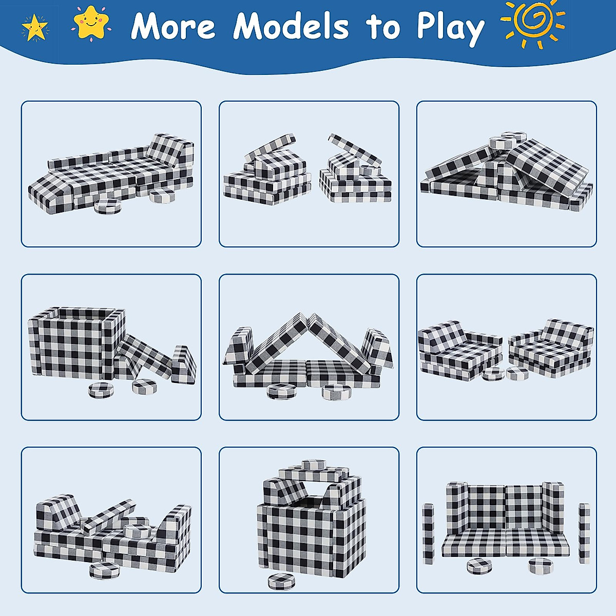 Olasme 10 Pcs Black and White Kids Couch,Buffalo Check Toddler Couch Sofa,Foam Modular Kids Play Couch,Convertible Kids Floor Bed Sofa Couch for Playroom Bedroom